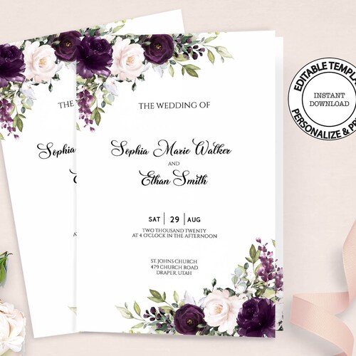 Purple Flowers Trifold Wedding Program Editable Template - Etsy