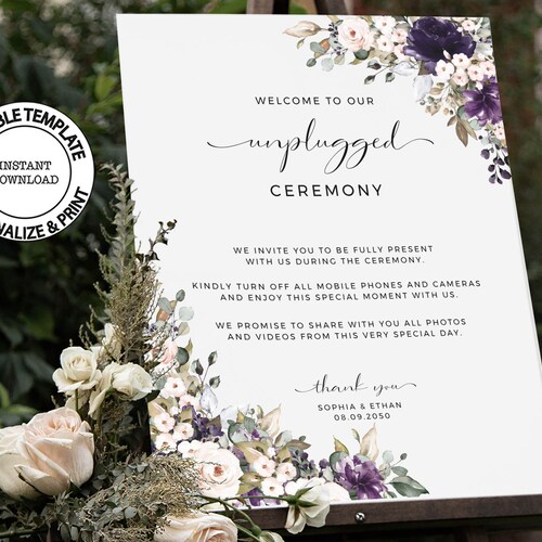 Dusty Purple Wedding Unplugged Ceremony Sign Unplugged - Etsy