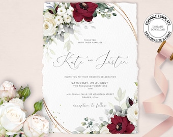Red Floral Wedding Invitation | Etsy