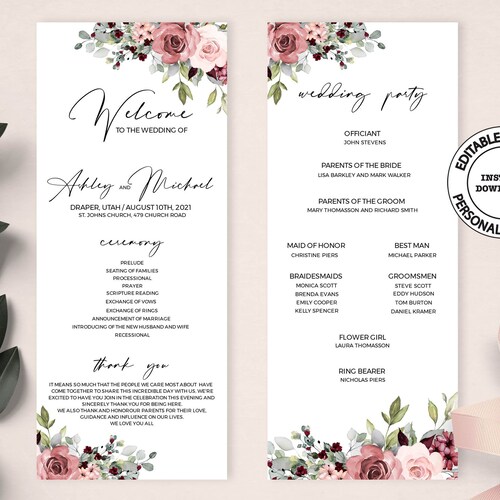 Editable Wedding Program Program Template Program Download | Etsy