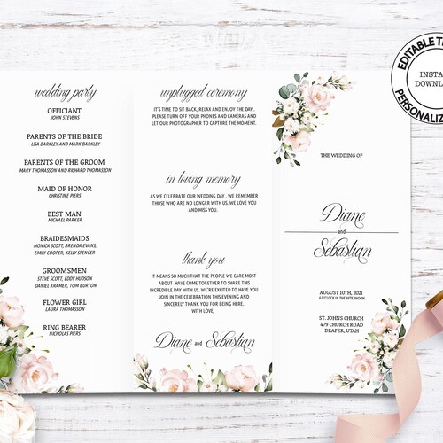 THEA Editable Trifold Wedding Program Template Blush Pink - Etsy