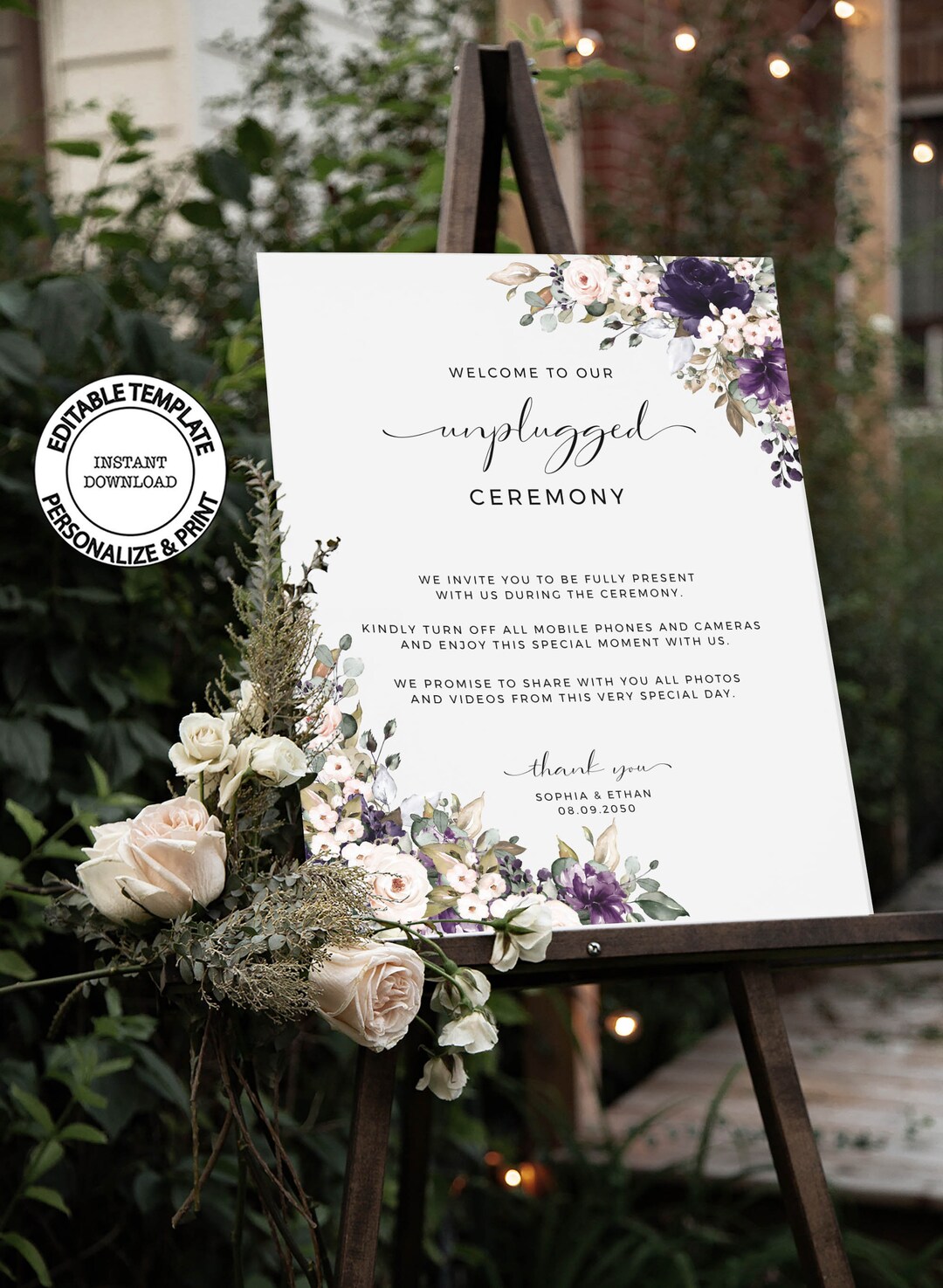Printable Unplugged Ceremony Sign, Unplugged Wedding Sign, Purple and ...