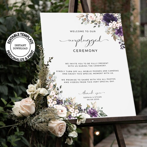 Dusty Purple Wedding Unplugged Ceremony Sign Unplugged - Etsy