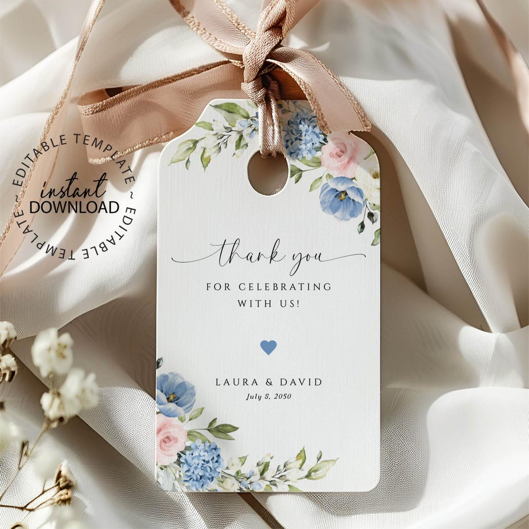 Editable Wedding Favor Tags With Pink Roses and Blue Hydrangea Flowers ...