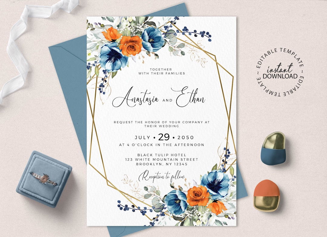 Blue and Orange Floral Wedding Invitation, INSTANT DOWNLOAD, Editable ...