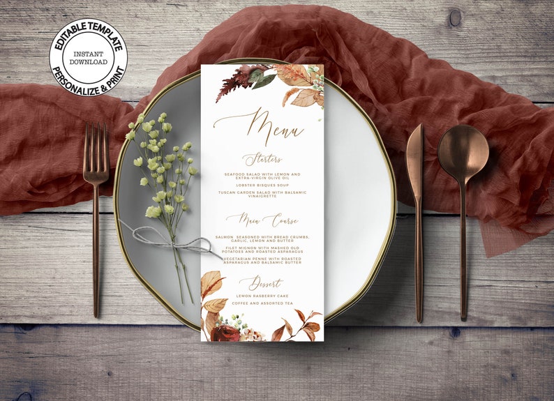 SCARLETT Fall Floral Wedding Menu Template Editable | Etsy