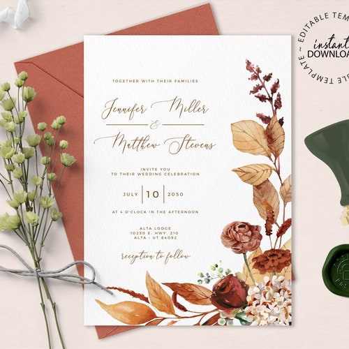 BOHO Fall Wedding Invitation Template Autumn Leaves and - Etsy