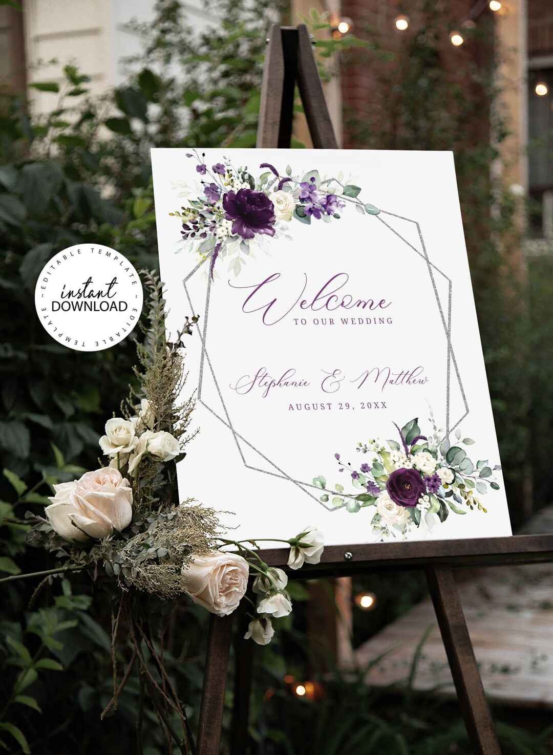 Purple and White Floral Wedding Welcome Sign Template, INSTANT DOWNLOAD ...