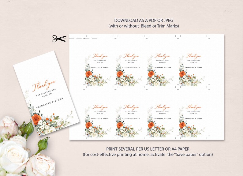 Editable Wedding Favor Tags, Orange Floral Thank You Labels, Square ...