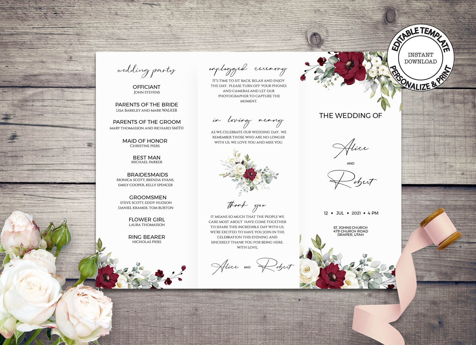 Editable Trifold Wedding Program Template INSTANT DOWNLOAD | Etsy