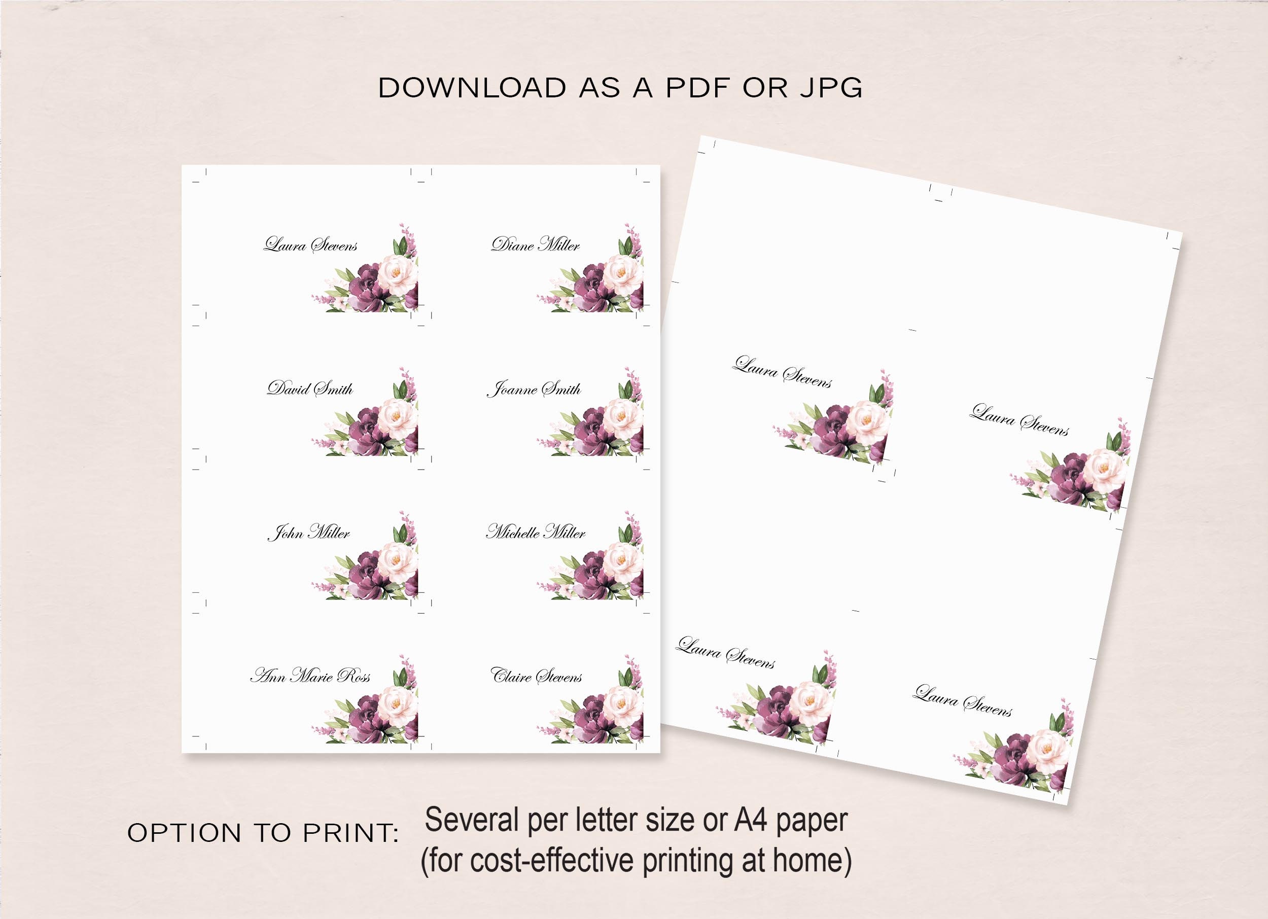 Editable Place Cards Template, INSTANT DOWNLOAD, Mauve Pink and Pale ...