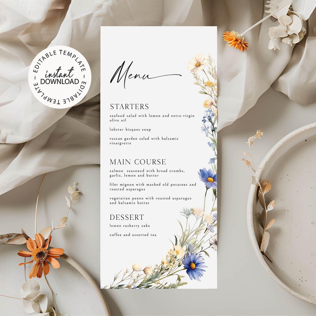 Editable Wildflower Wedding Menu Template, Printable, INSTANT DOWNLOAD ...