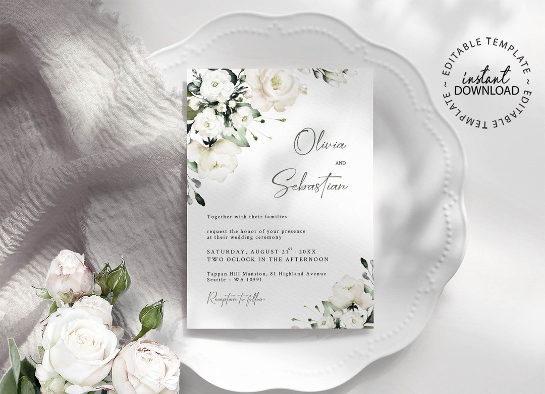 Editable White Floral Wedding Invitation, INSTANT DOWNLOAD, White Roses ...