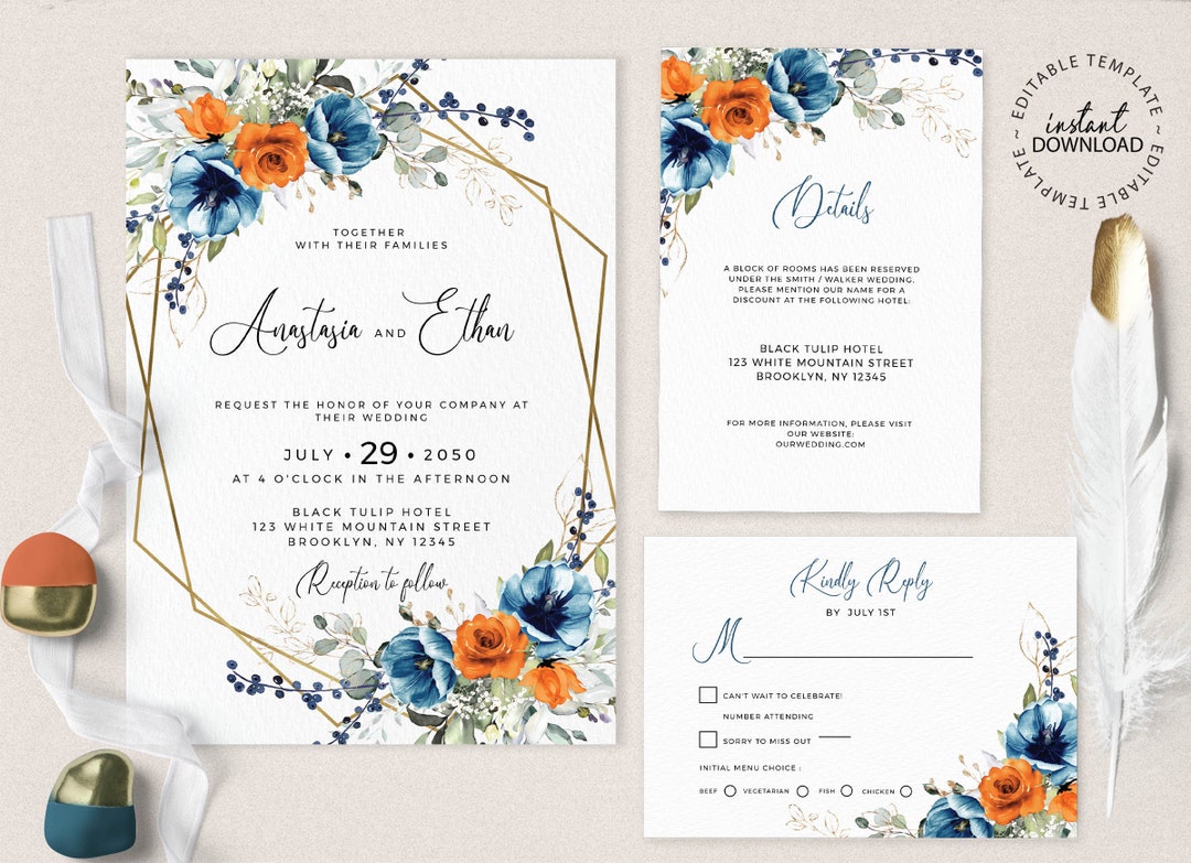 Blue and Orange Wedding Invitation Set, INSTANT DOWNLOAD, Editable Gold ...