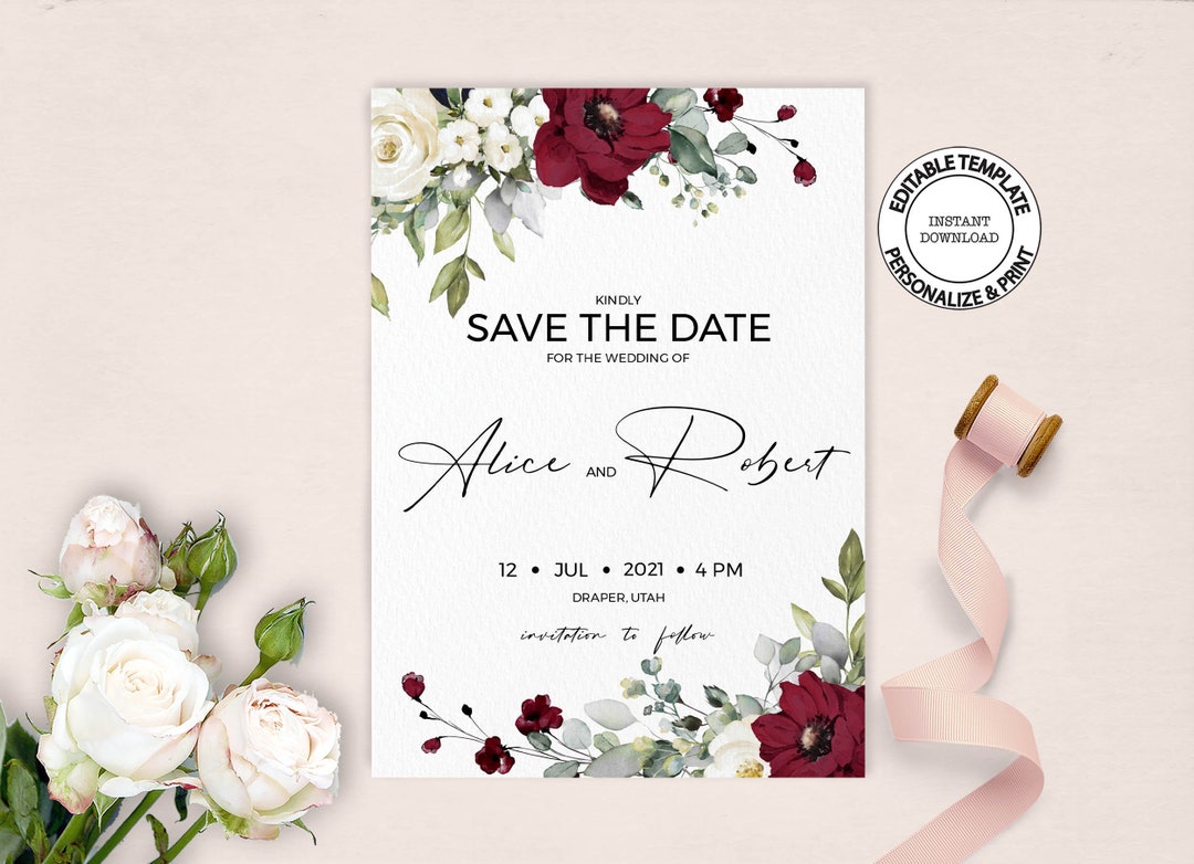 Red Floral Save the Date, Editable Template, INSTANT DOWNLOAD, Red and ...