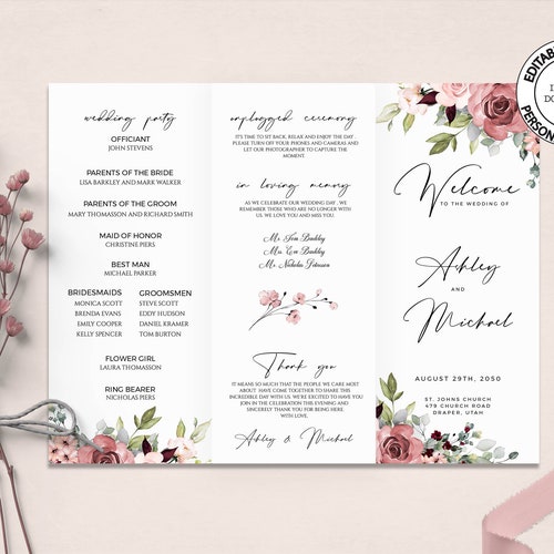 THEA Editable Trifold Wedding Program Template Blush Pink | Etsy