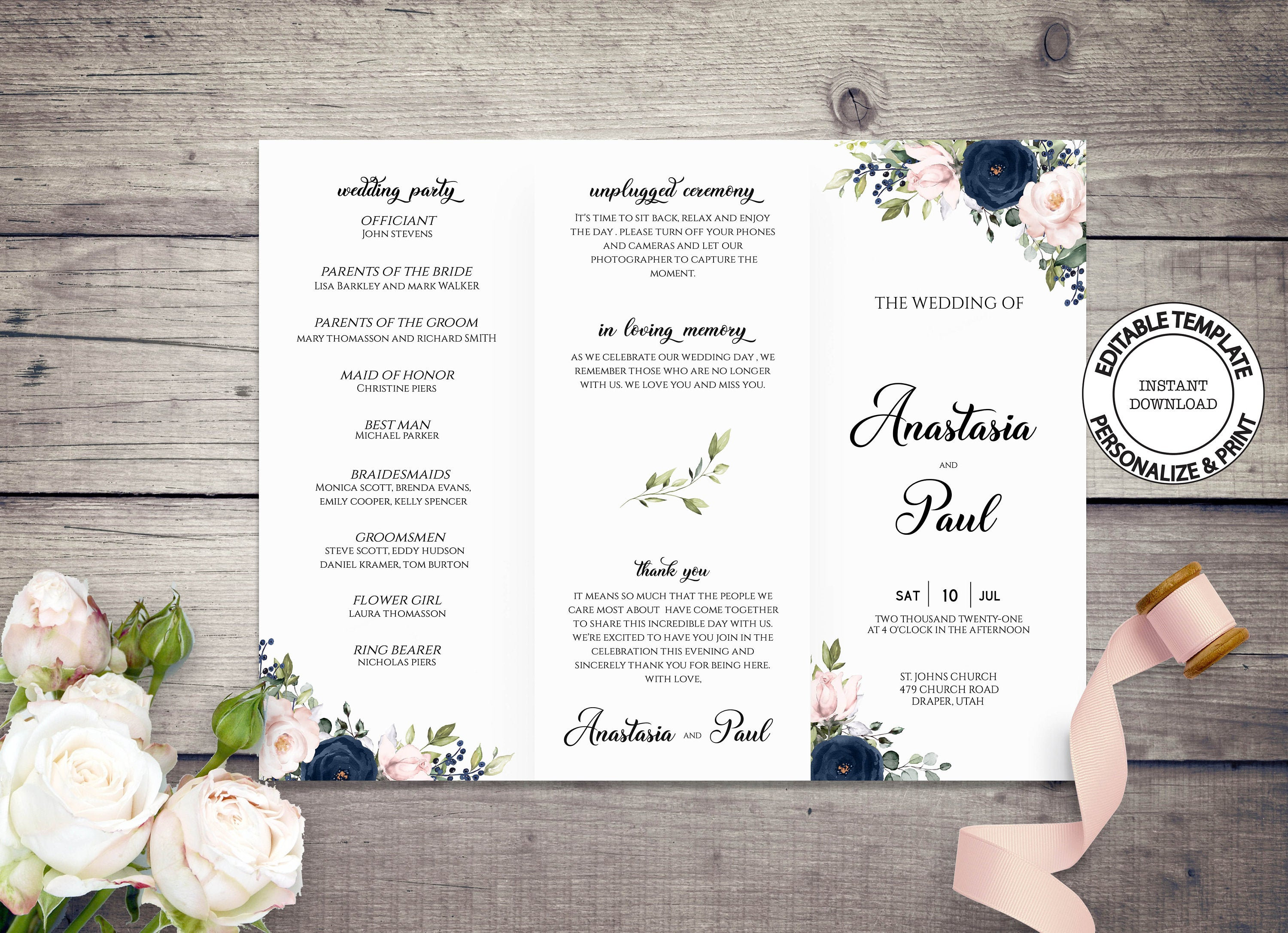 Editable trifold wedding program template INSTANT DOWNLOAD | Etsy