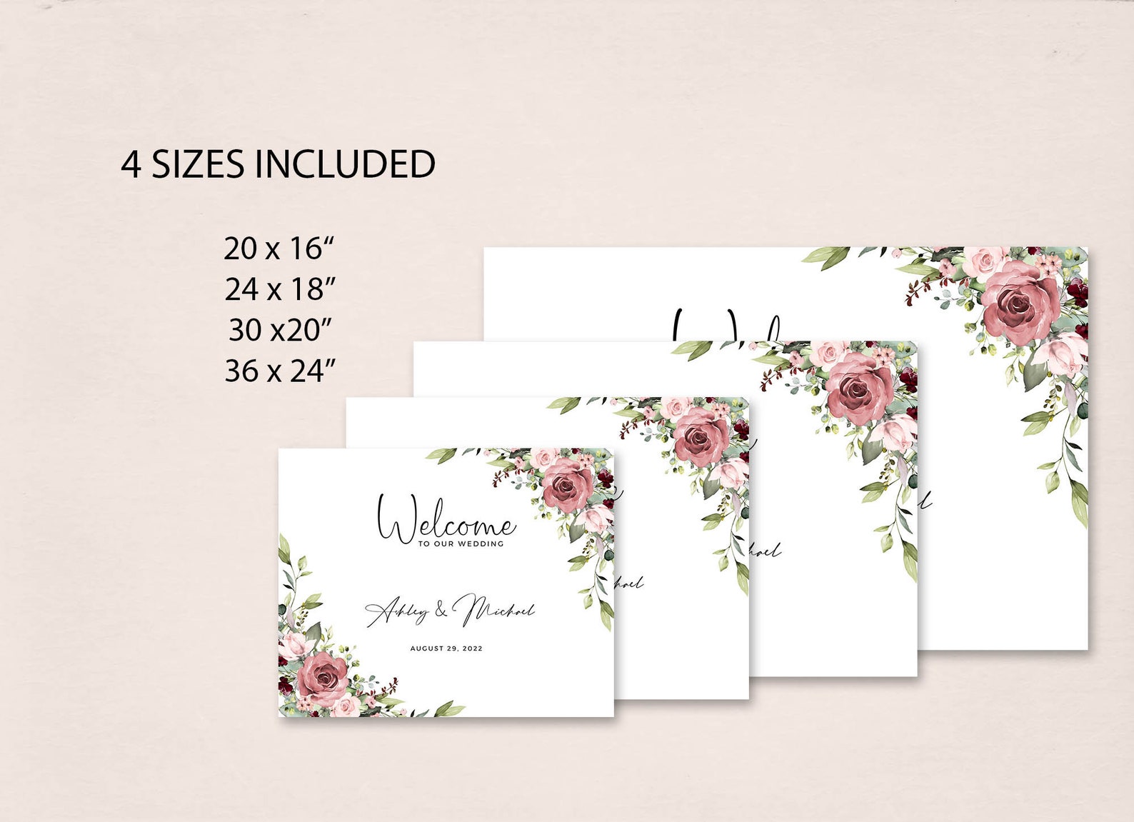 THEA - Blush Pink Floral Welcome Sign Template, Editable Wedding ...