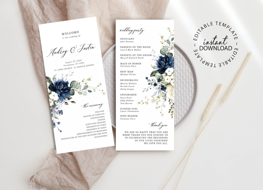 Editable Wedding Ceremony Program, Blue and White Floral Wedding Church ...