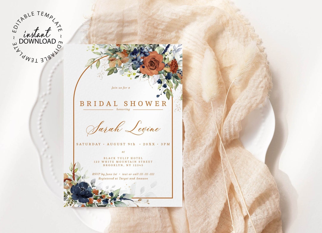 SIA - Bridal Shower Invitation Template, Editable Burnt Orange and Navy ...