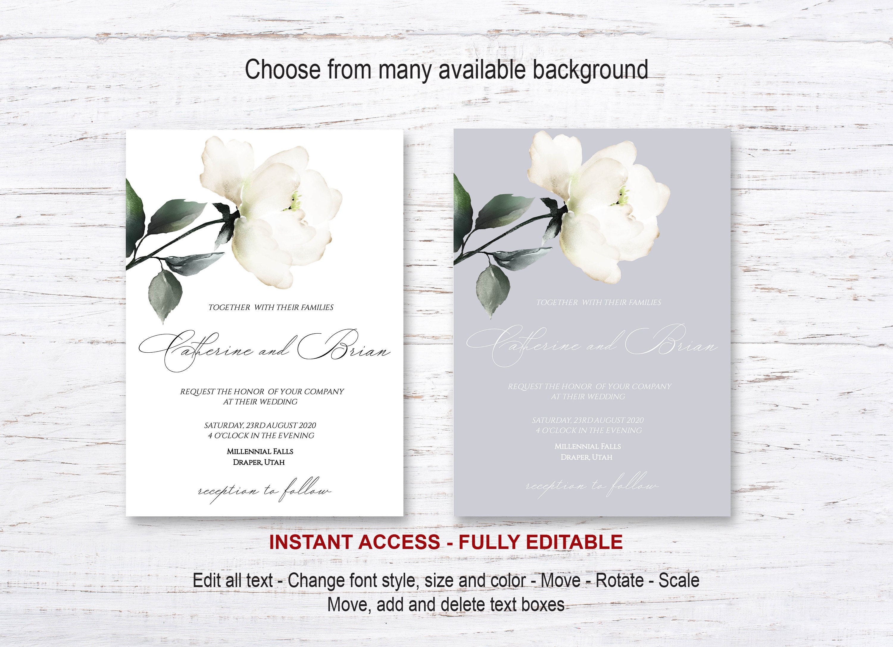 100% Editable White Flowers Wedding Invitation Set, INSTANT DOWNLOAD ...