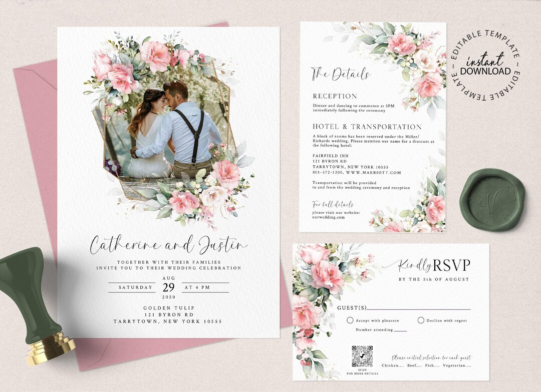 Editable Floral Wedding Invitation Bundle, INSTANT DOWNLOAD, Pink Roses ...