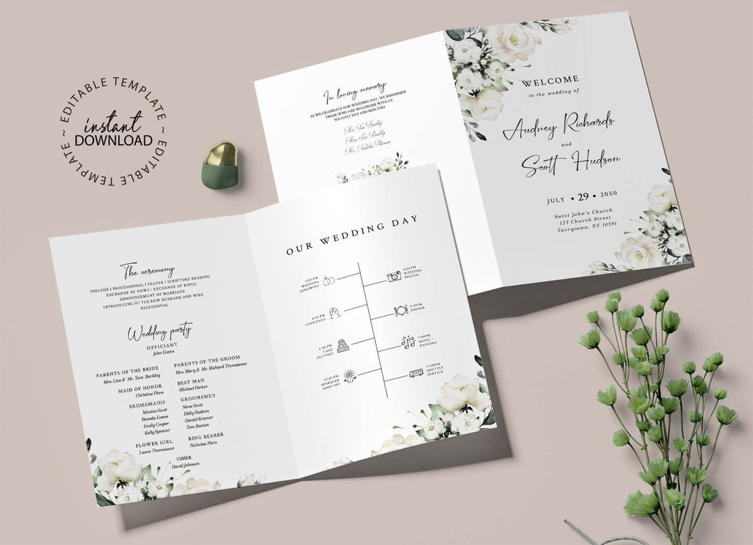 Editable Wedding Ceremony Program Template, White Floral Wedding Day ...