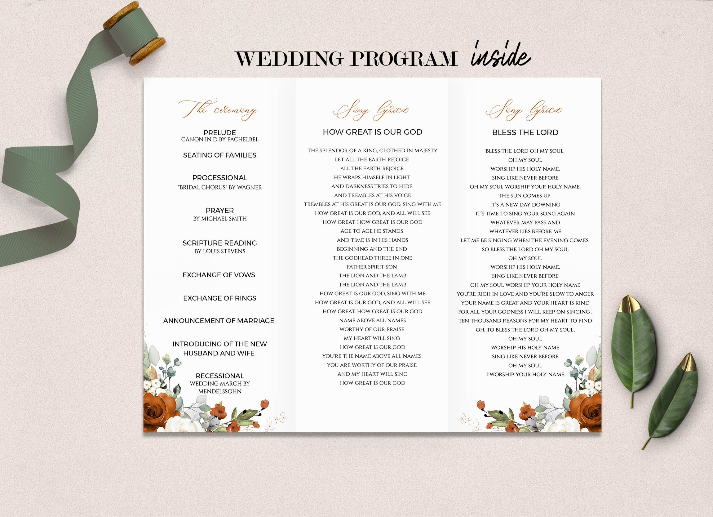 LYRA - Editable Wedding Program Template, INSTANT DOWNLOAD, Orange ...