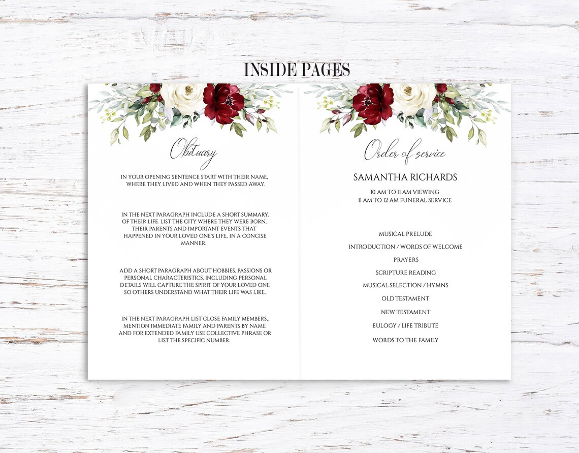 Editable Floral Funeral Program Template, INSTANT DOWNLOAD, Printable ...