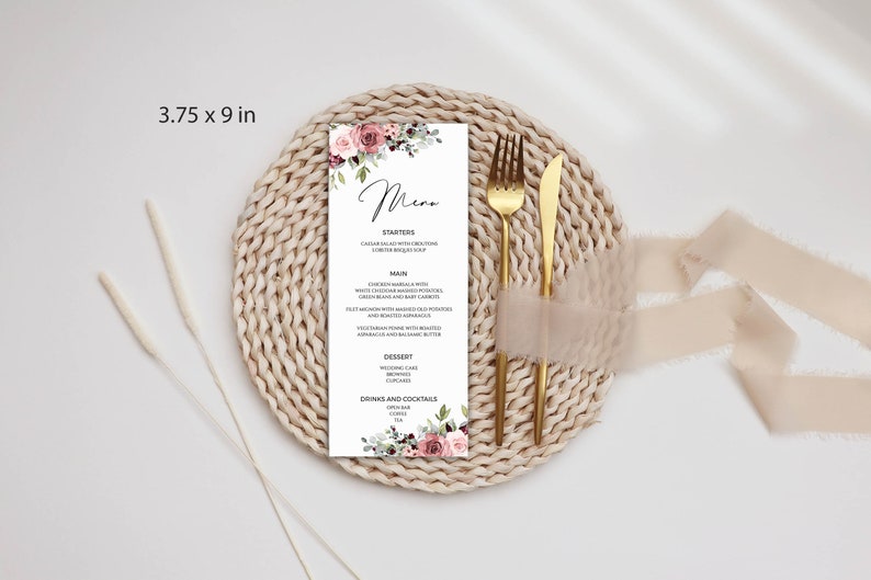 THEA Floral Wedding Menu Card Template Editable INSTANT - Etsy