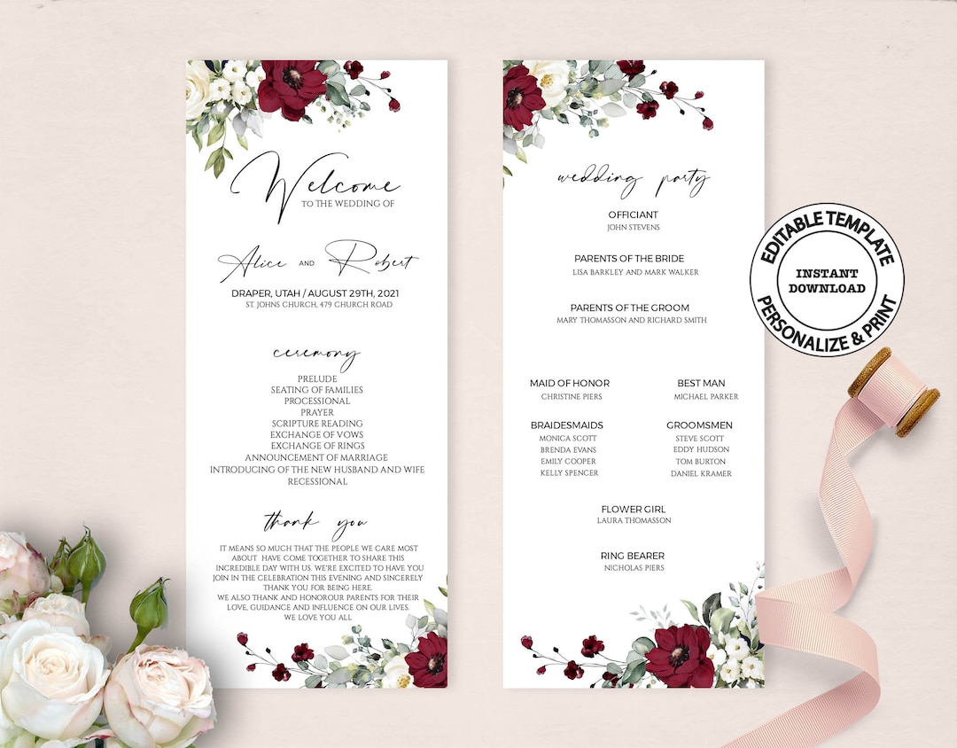 Editable Red and White Floral Wedding Program Template, INSTANT ...