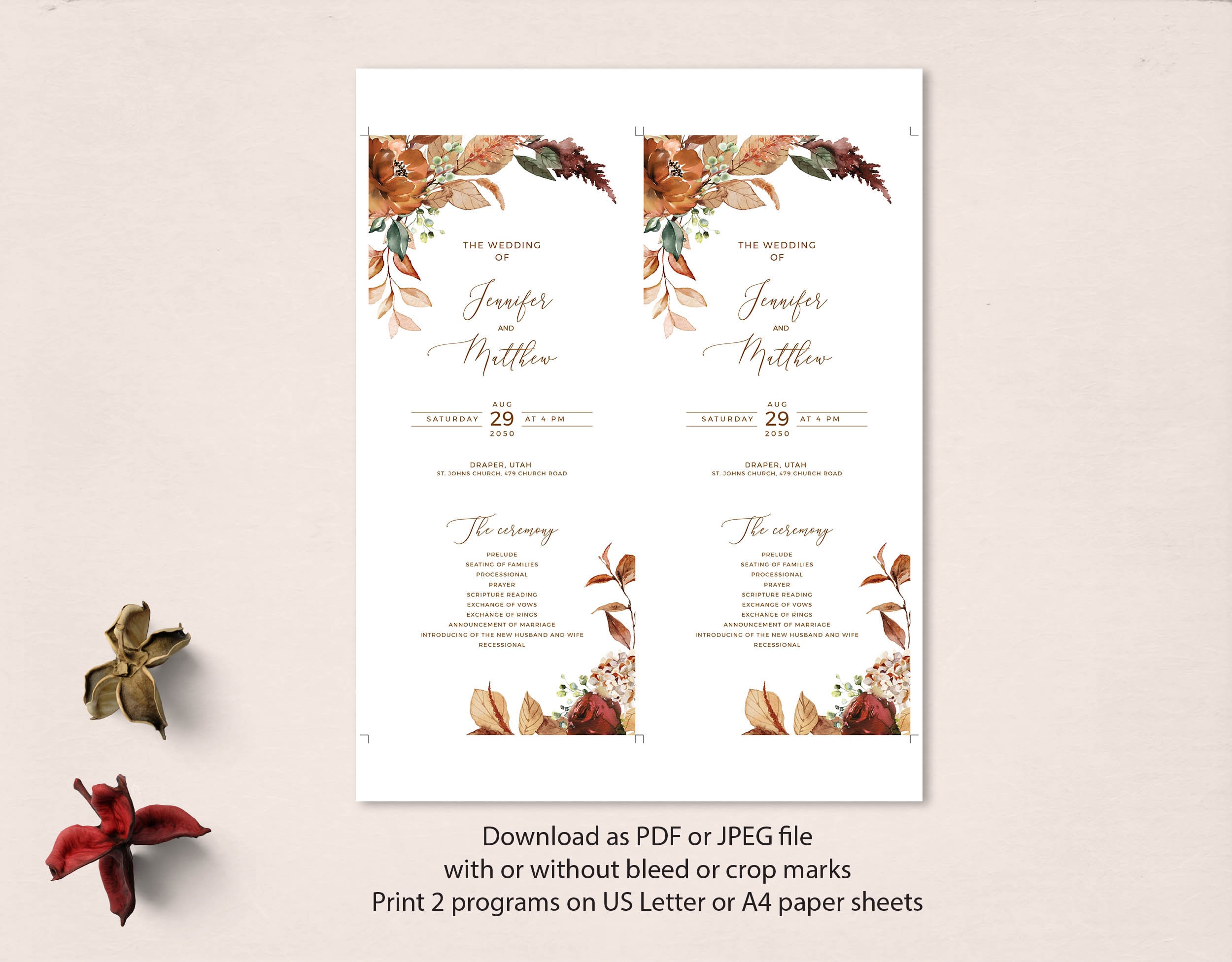 SCARLETT Fall Floral Wedding Program Template INSTANT | Etsy