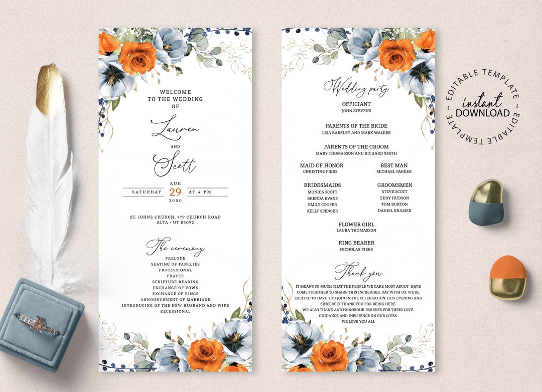 Editable Floral Wedding Program Template, INSTANT DOWNLOAD, Orange and ...