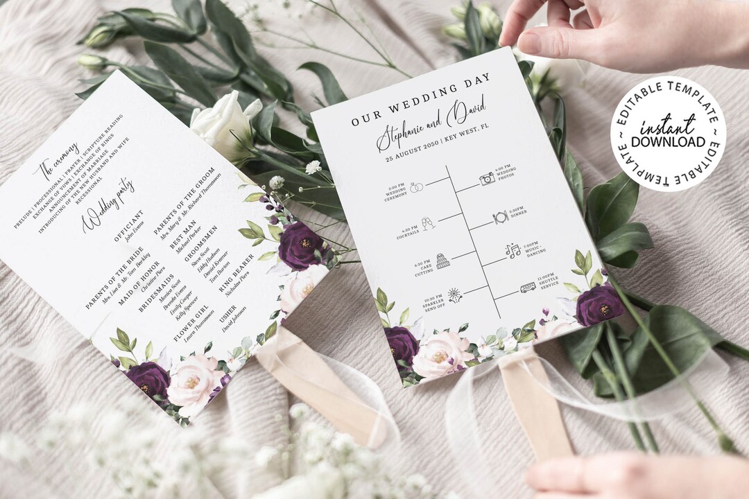 ELLIE Printable Wedding Ceremony Program Fan Template, Purple Floral ...