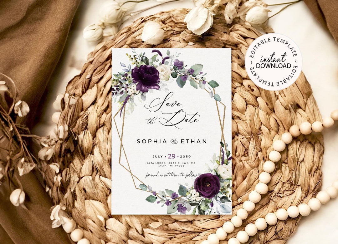 Editable Purple Save the Datetemplate, INSTANT DOWNLOAD, Floral Plum ...