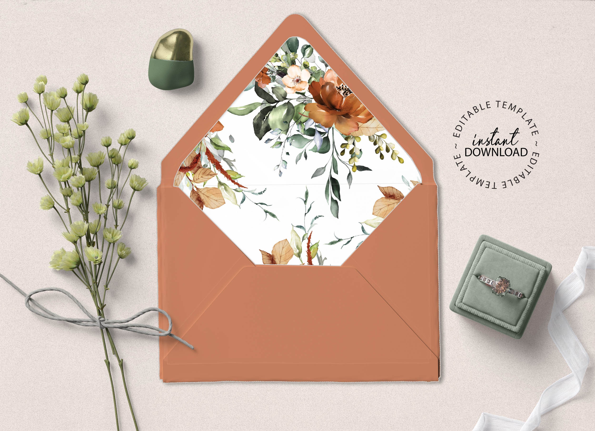 ELINA - Burnt Orange Floral A7 Wedding Envelope Liner Template, A7 Euro ...
