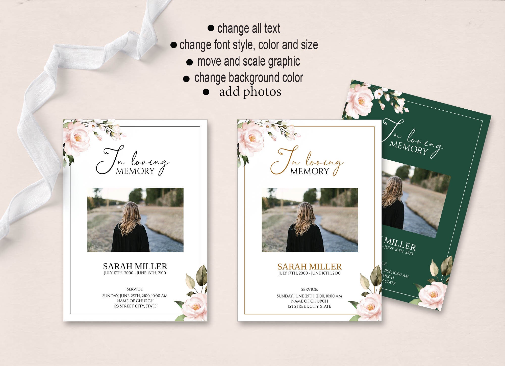 Editable Funeral Card Template INSTANT DOWNLOAD Floral - Etsy