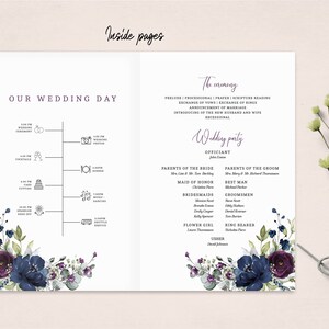 Editable Bi-fold Wedding Program Template, INSTANT DOWNLOAD, Blue and Purple Floral Catholic ...