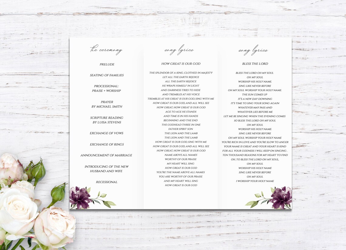 Purple Flowers Trifold Wedding Program Editable Template - Etsy