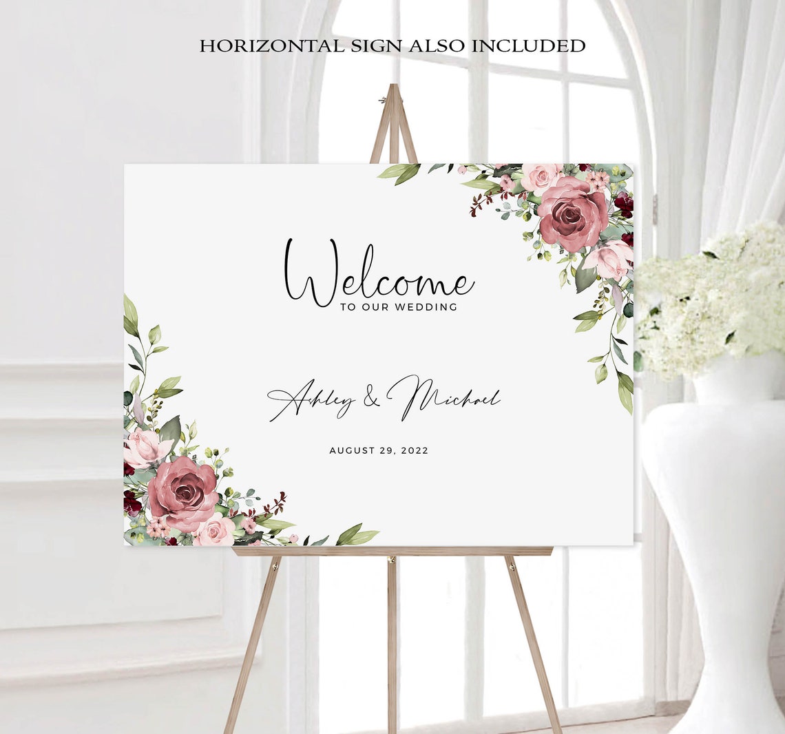 THEA - Blush Pink Floral Welcome Sign Template, Editable Wedding ...