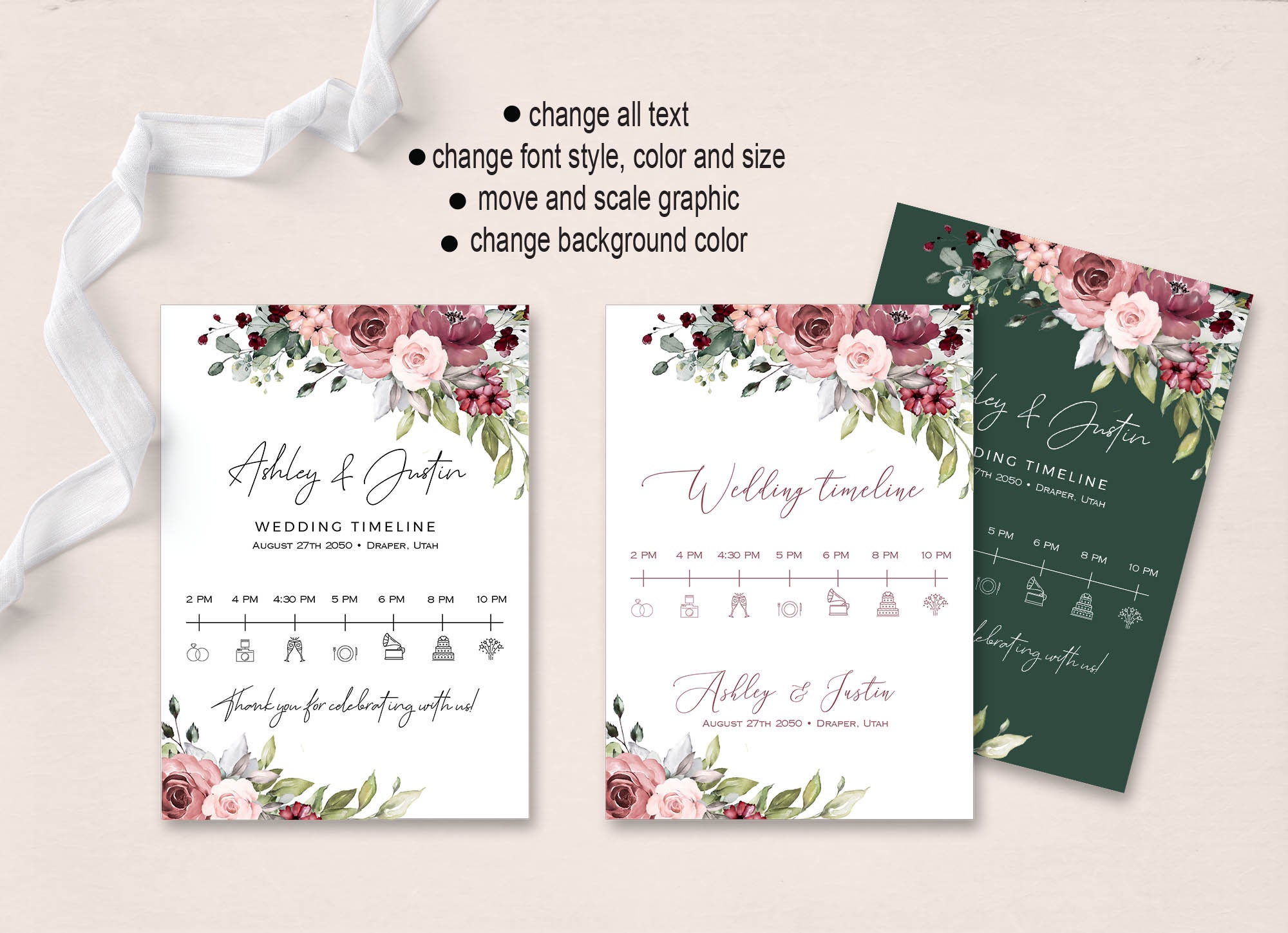 Editable Floral Wedding Timeline Template, INSTANT DOWNLOAD, Dark Rose ...