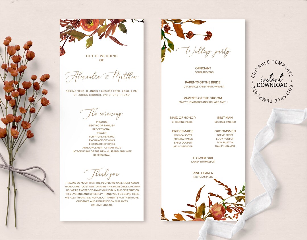 Rust and Burnt Orange Wedding Program, Editable Fall Floral Printable ...