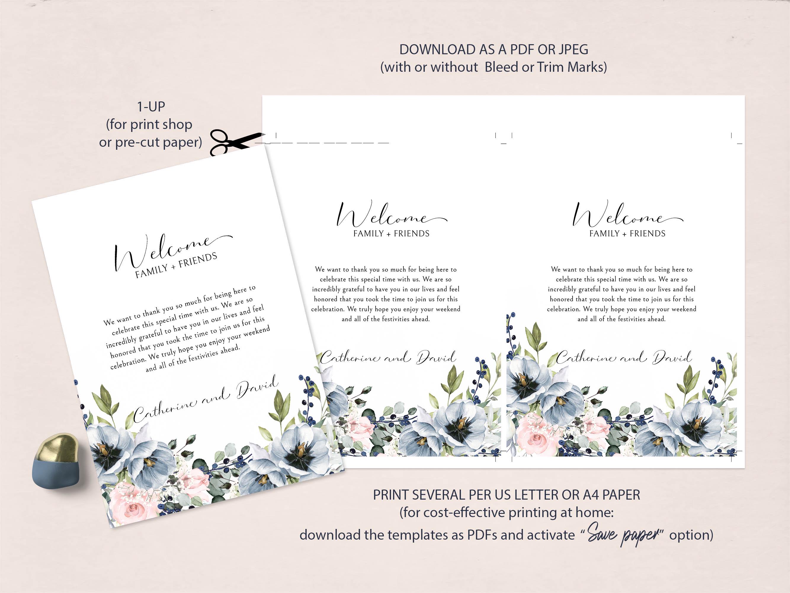 Editable Welcome Letter and Wedding Timeline, Pink and Blue Floral ...