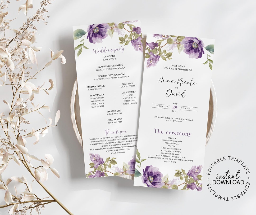 Editable Floral Wedding Program Template, INSTANT DOWNLOAD, Purple ...