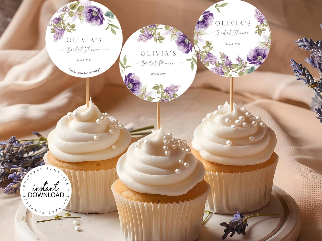 Editable Purple Floral Shower Cupcake Toppers, 2' Cupcake Topper ...