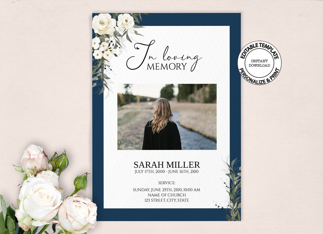 Editable Funeral Card Template, INSTANT DOWNLOAD, Floral Obituary Cards ...