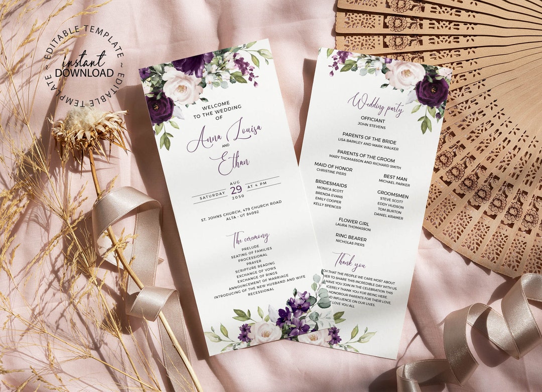 ELLIE - Floral Wedding Program Template, INSTANT DOWNLOAD, Purple and ...