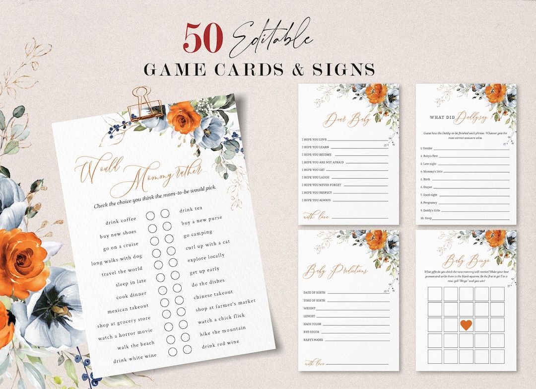 Baby Shower Game Bundle, Blue and Orange Floral Baby Shower Game Kit ...