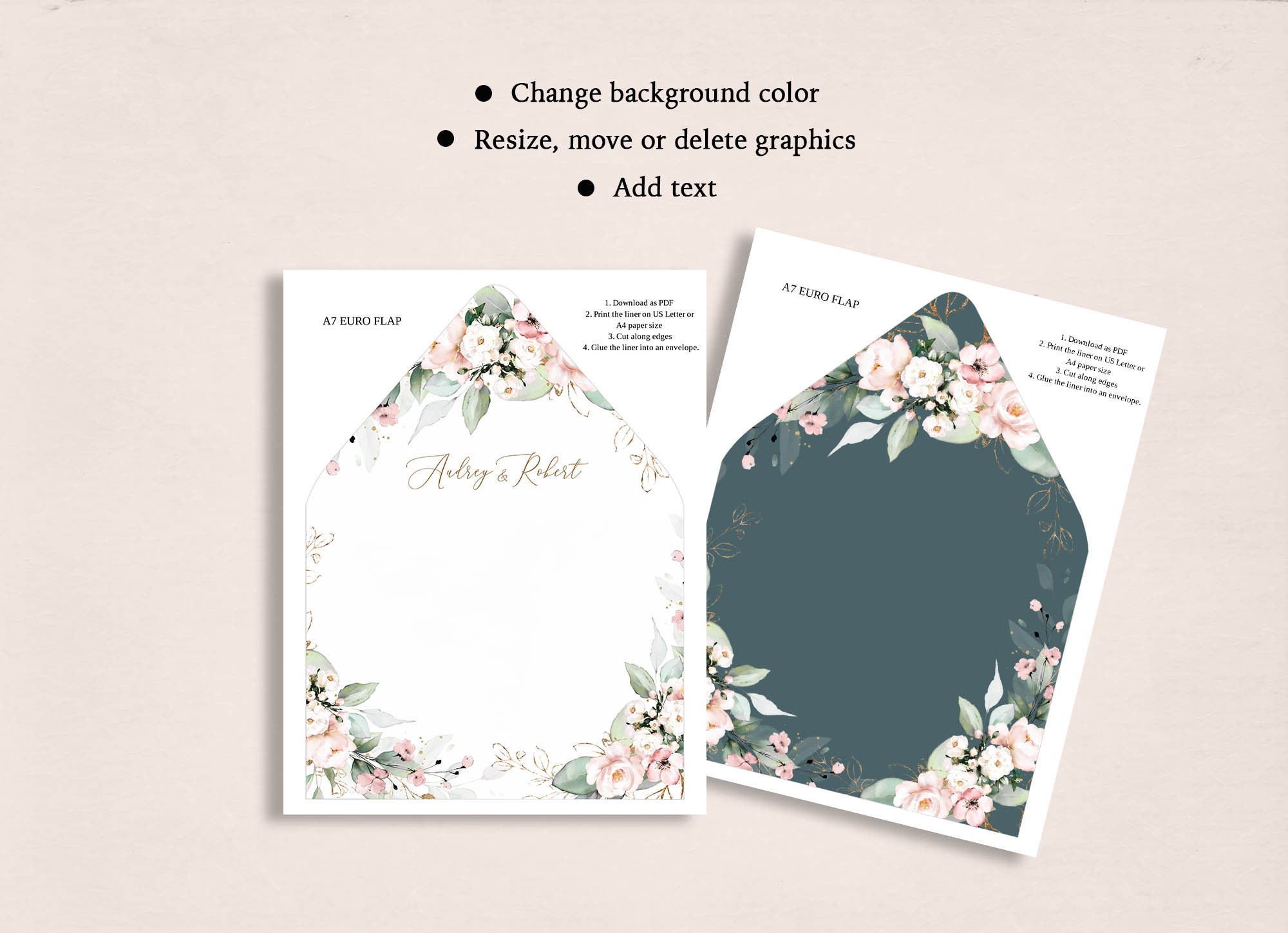 MILA - Floral A7 Wedding Envelope Liner Template With Pink Roses, A7 ...