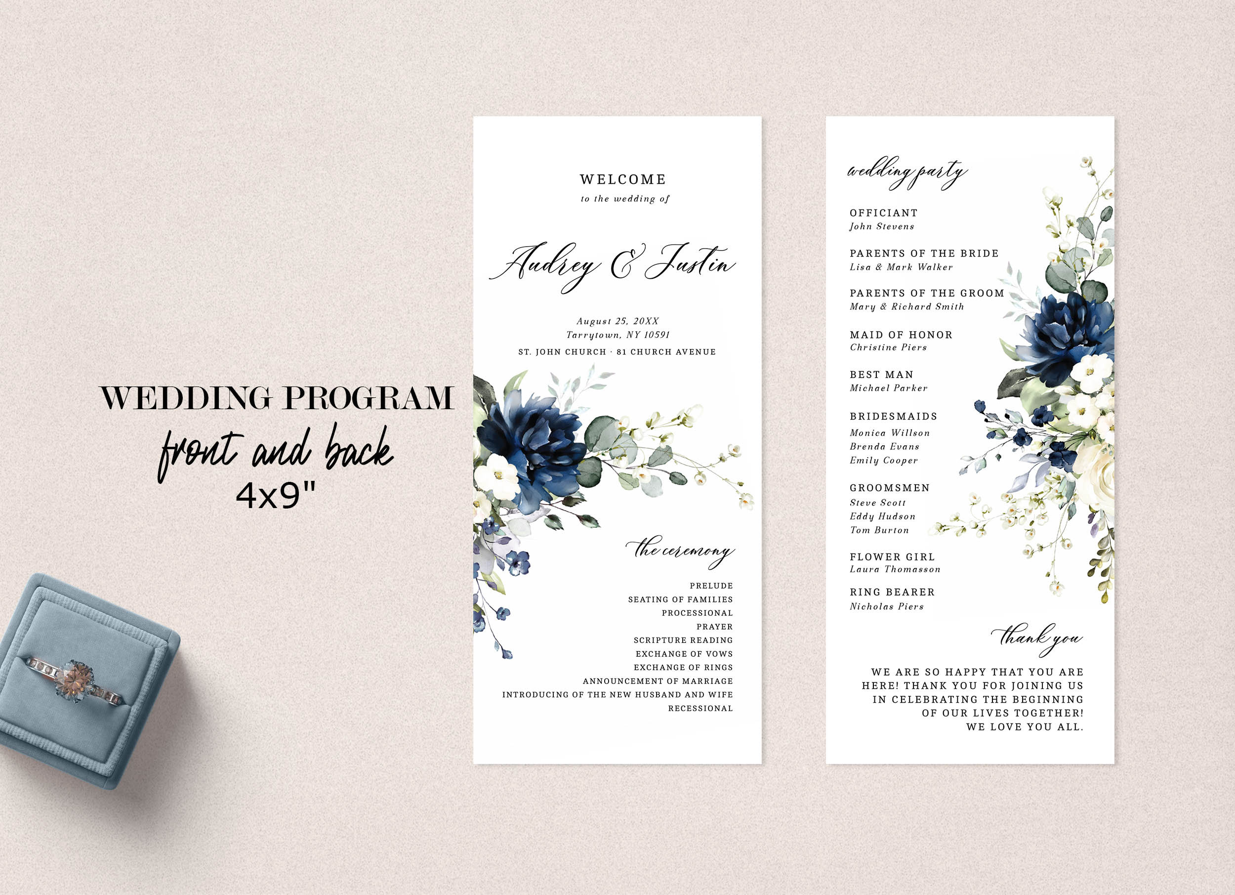 Editable Wedding Ceremony Program, Blue and White Floral Wedding Church ...